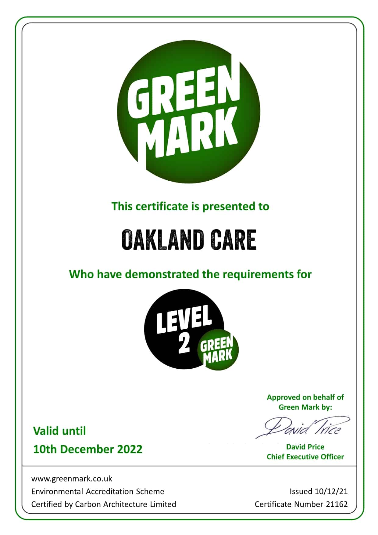 Oakland Care receives Green Mark Level 2 Accreditation | Oakland Care Homes